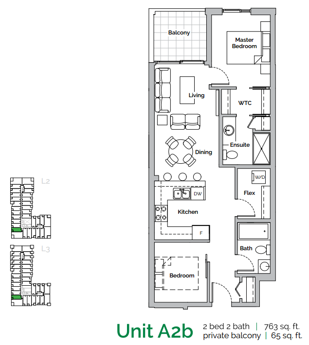 A2B floor plan at Radius Bridgeland in Calgary, AB