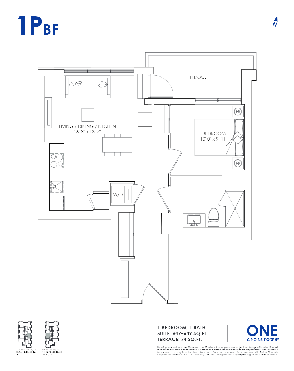 1P BF floor plan at One Crosstown Condos in Toronto, ON